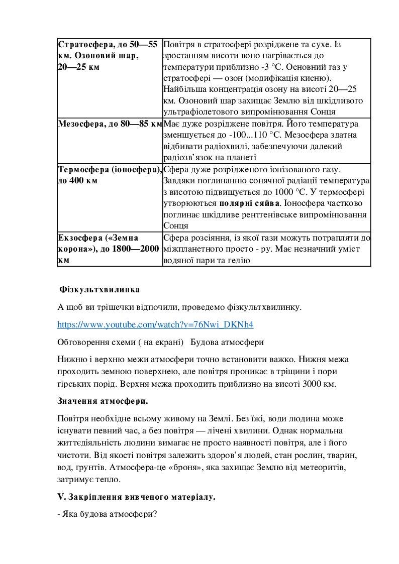 Конспект уроку географії 6 клас НУШ Будова атмосфери Конспект Географія