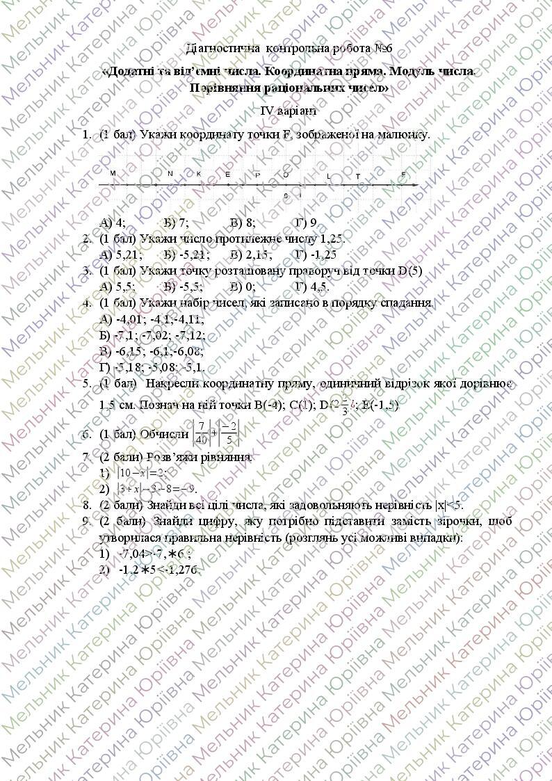 Діагностична контрольна робота №6 Інші методичні матеріали Математика