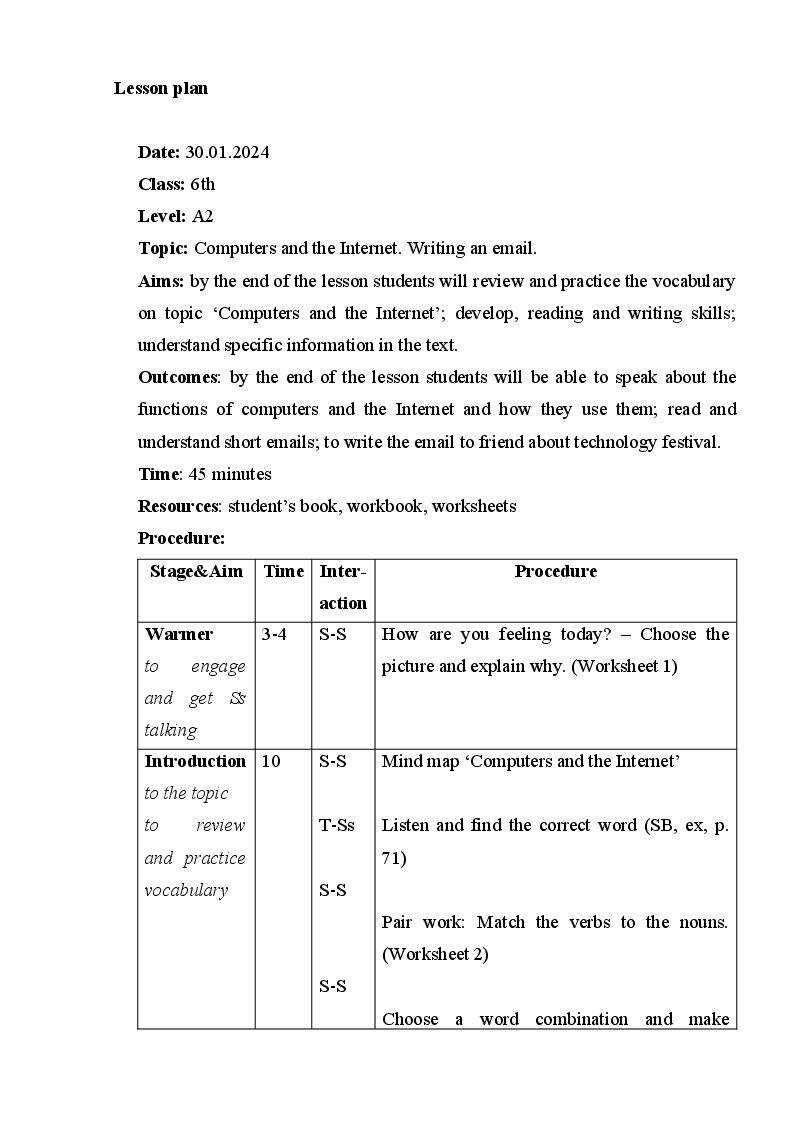 Lesson plan. Prepare 6. Computers and the Internet. Writing an email ...