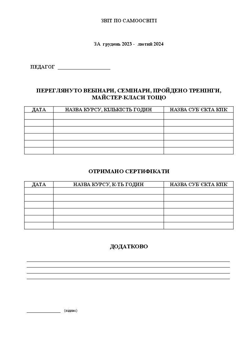 Шаблон звіту педагога з самоосвіти Різне