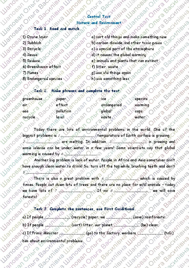 Контрольна робота для учнів 9 класу. Control Test. Unit 3. Nature and ...