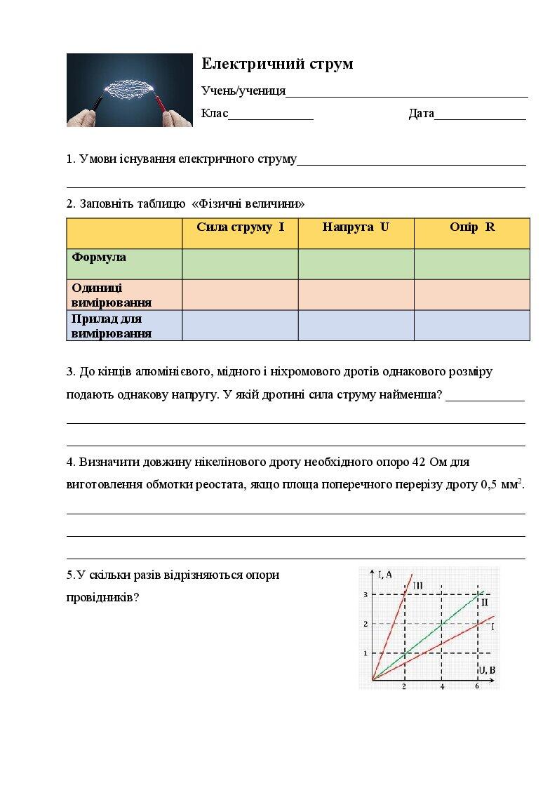 Робочий аркуш Електричний струм Інші методичні матеріали Фізика