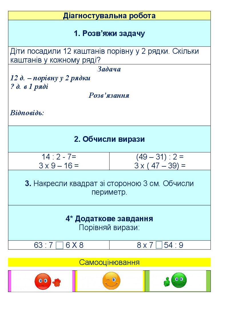 Діагностувальна робота з математики у 2 кл за розділом Множення