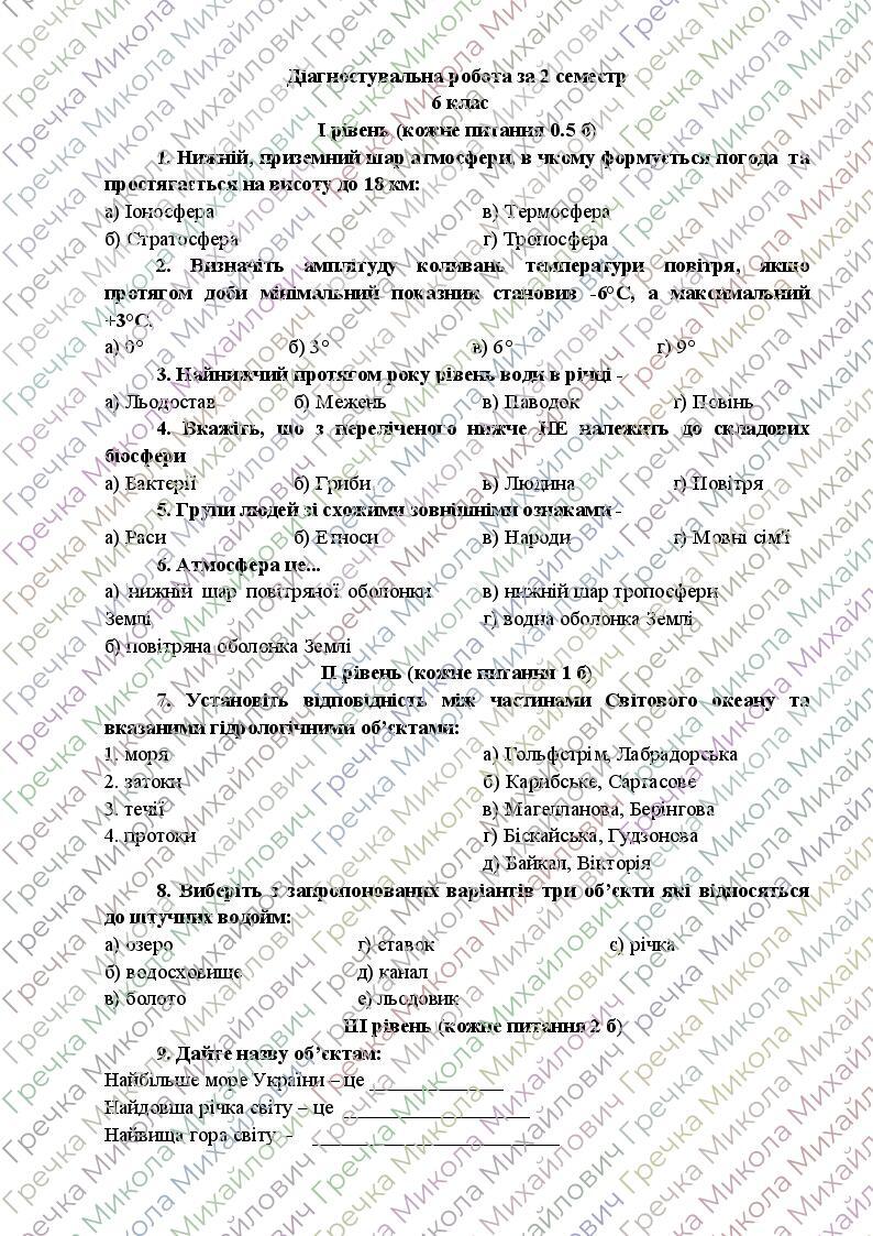 Діагностична робота за 2 семестр 6 клас НУШ географія Тест Географія