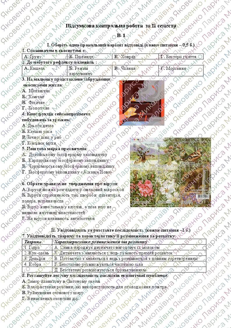 Підсумкова контрольна робота за ІІ семестр Пізнаємо природу 6 клас НУШ за програмою авт
