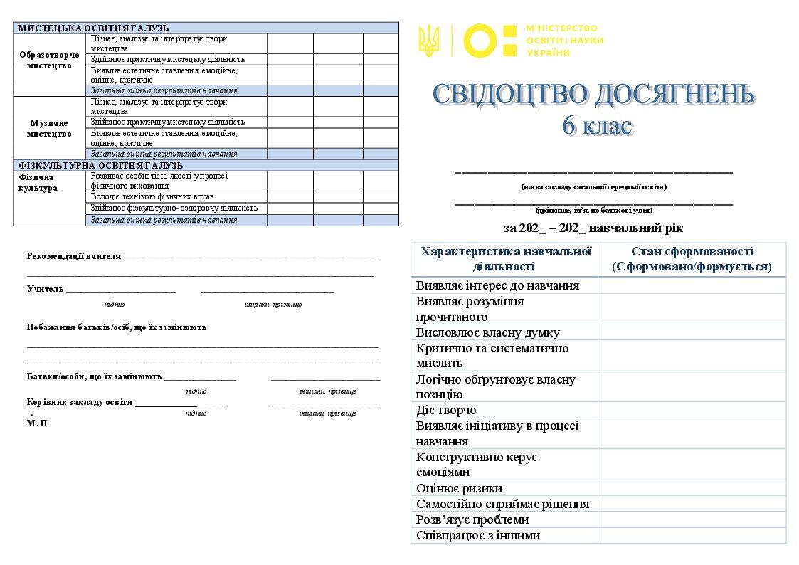 Свідоцтво досягнень 6 клас Інші методичні матеріали НУШ