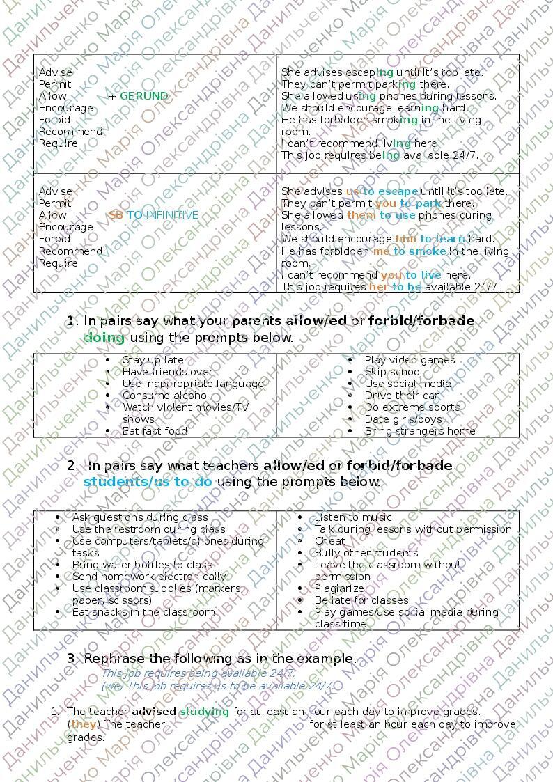 Вправи з граматики 'allow doing, allow sb to do, encourage doing ...