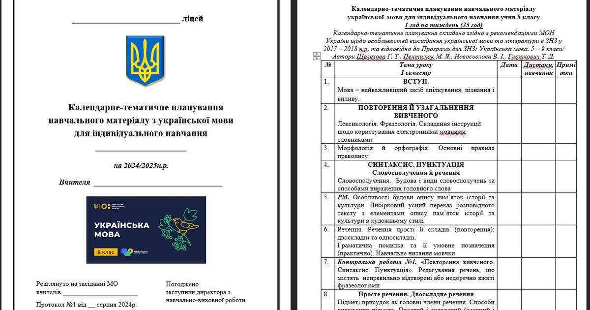 Календарне тематичне планування навчального матеріалу з української мови для індивідуального