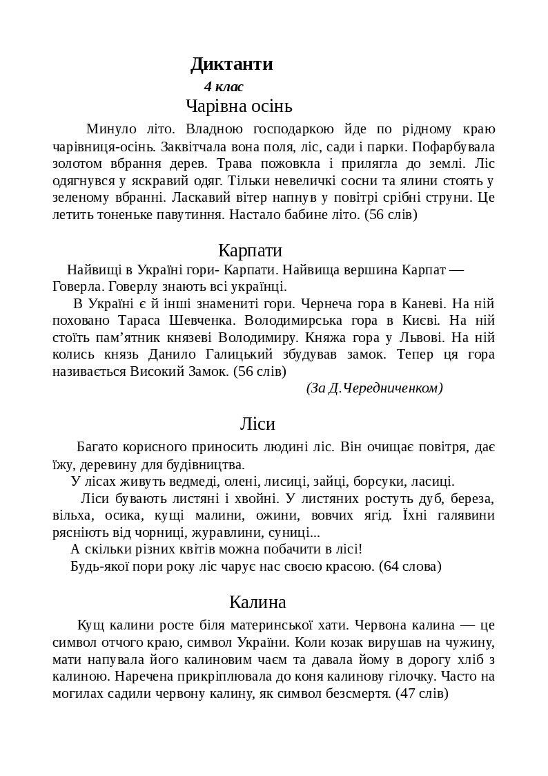 Тексти диктантів 4 клас Інші методичні матеріали Українська мова