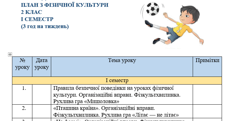 Календарне планування з фізичної культури 2 клас І семестр Ільницька Г С КТП Фізична культура