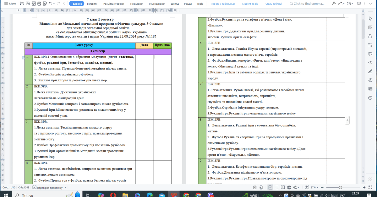 7 клас НУШ Календарне планування з фізичної культури на весь навчальний рік КТП Фізична культура