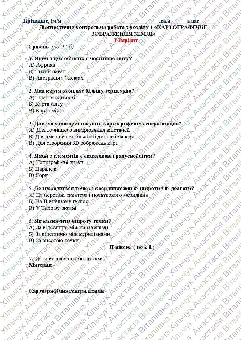 Діагностична робота з географії 7 клас НУШ Тема КАРТОГРАФІЧНЕ ЗОБРАЖЕННЯ ЗЕМЛІ Географія
