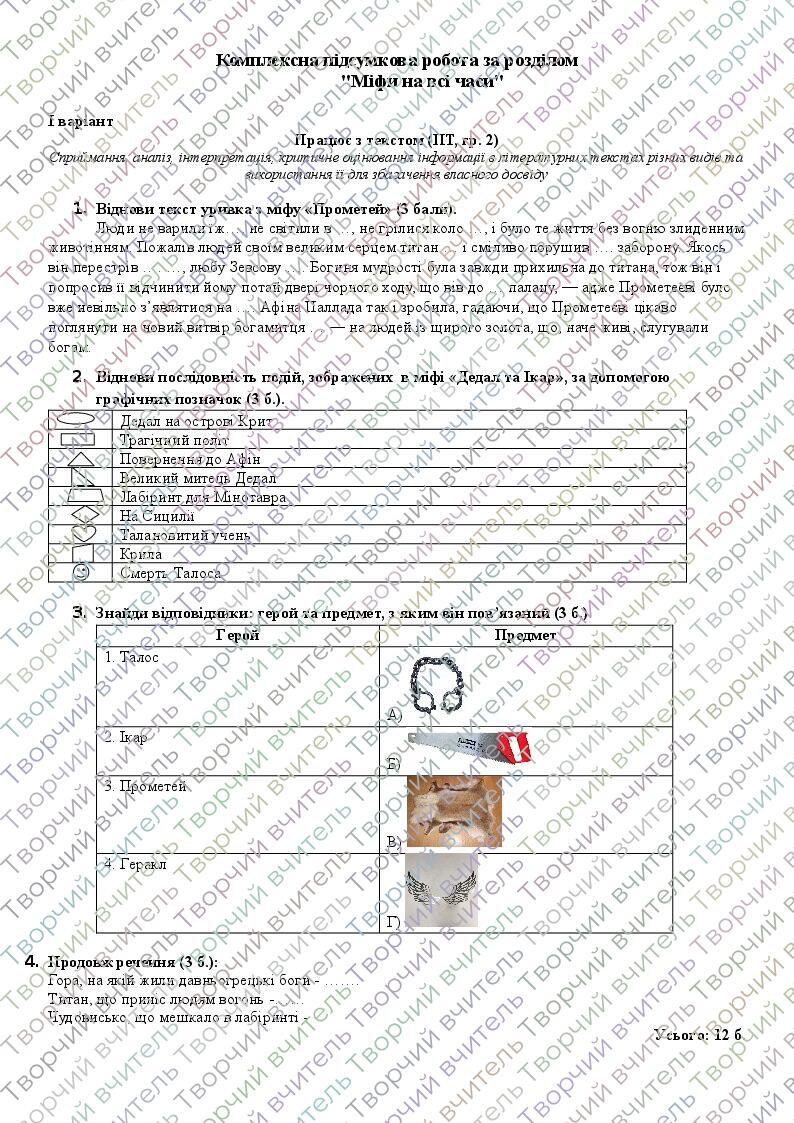 КОМПЛЕКСНА ПІДСУМКОВА КОНТРОЛЬНА РОБОТА 4 групи результатів із зарубіжної літератури для 6