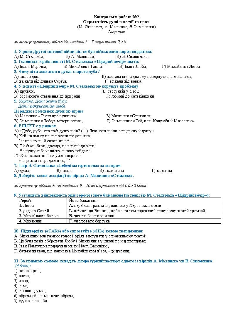Контрольна робота №2 тести Окриленість душі в поезії та прозі М