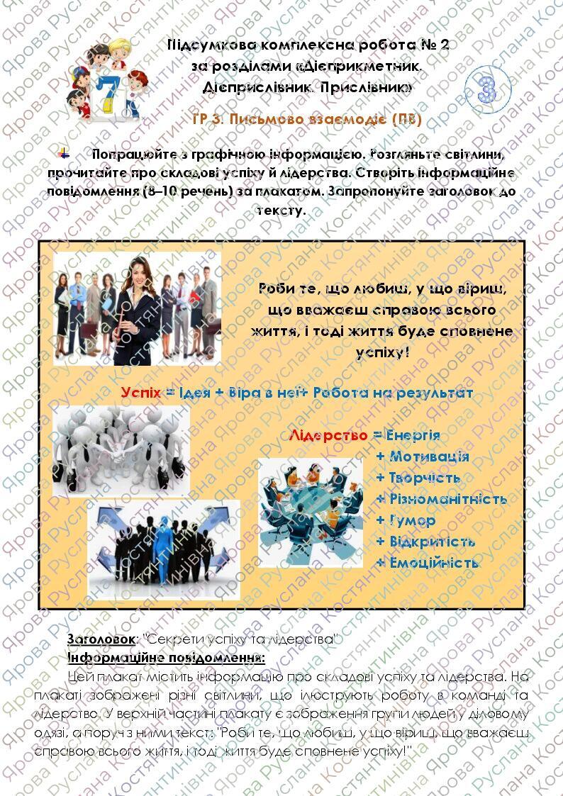 Українська мова 7 клас Підсумкова комплексна робота № 2 ГР 3 ГР 4 за розділом «Дієприкметник