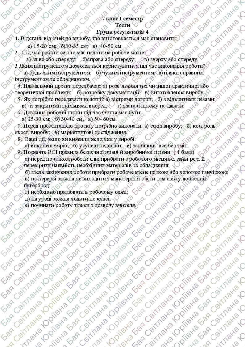 Комплексна підсумкова робота з технологій 7 клас І семестр за групами