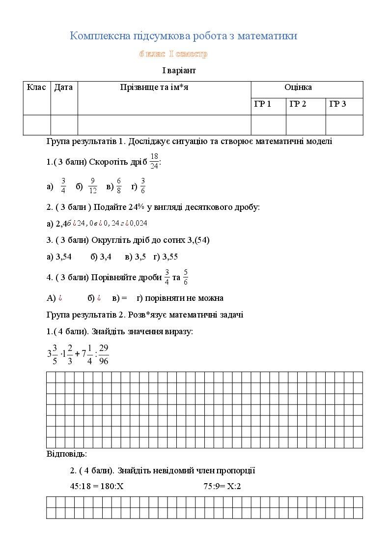 Комплексна підсумкова робота з математики 6 клас НУШ за І семестр за групами результатів