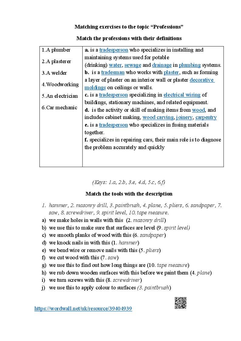 "Matching exercises to the topic "Professions" | Інтерактивні матеріали ...