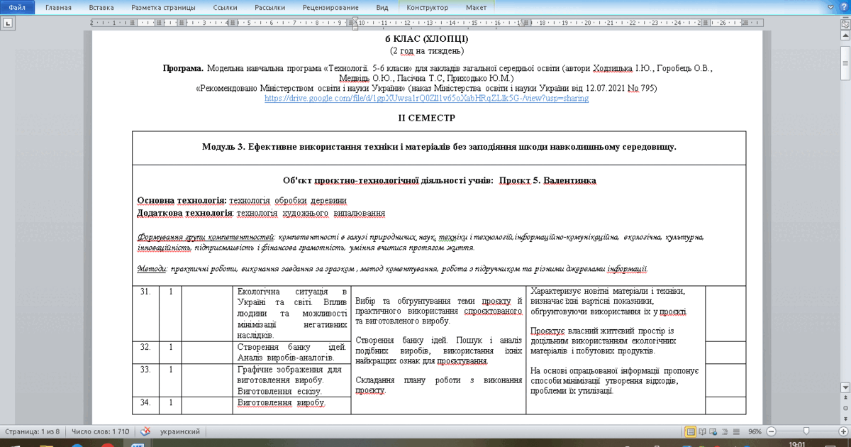 Календарно тематичне планування з технологій на ІІ семестр для 6 класу