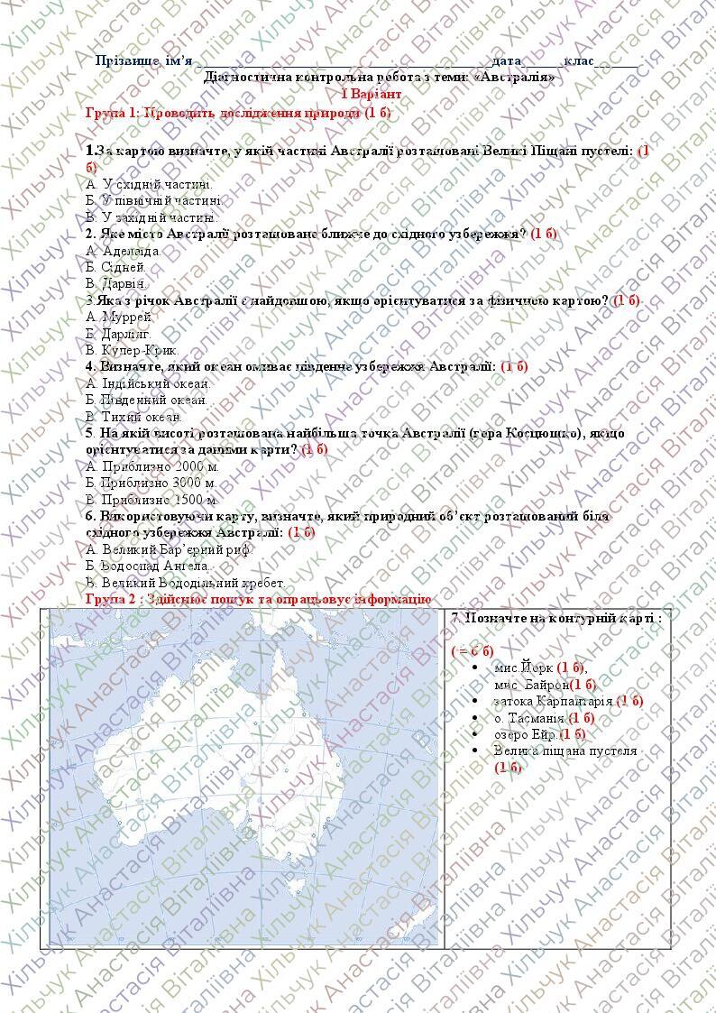 Діагностична робота з географії 7 клас НУШ Тема АВСТРАЛІЯ за групами результатів відповіді